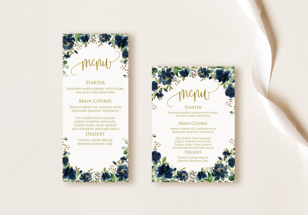 Navy Menu Card, Birthday Menu Printable, Blue Menu Cards, Navy Wedding ...