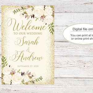 Ivory Gold Wedding Welcome Sign, Floral Welcome Wedding Sign, Cream ...