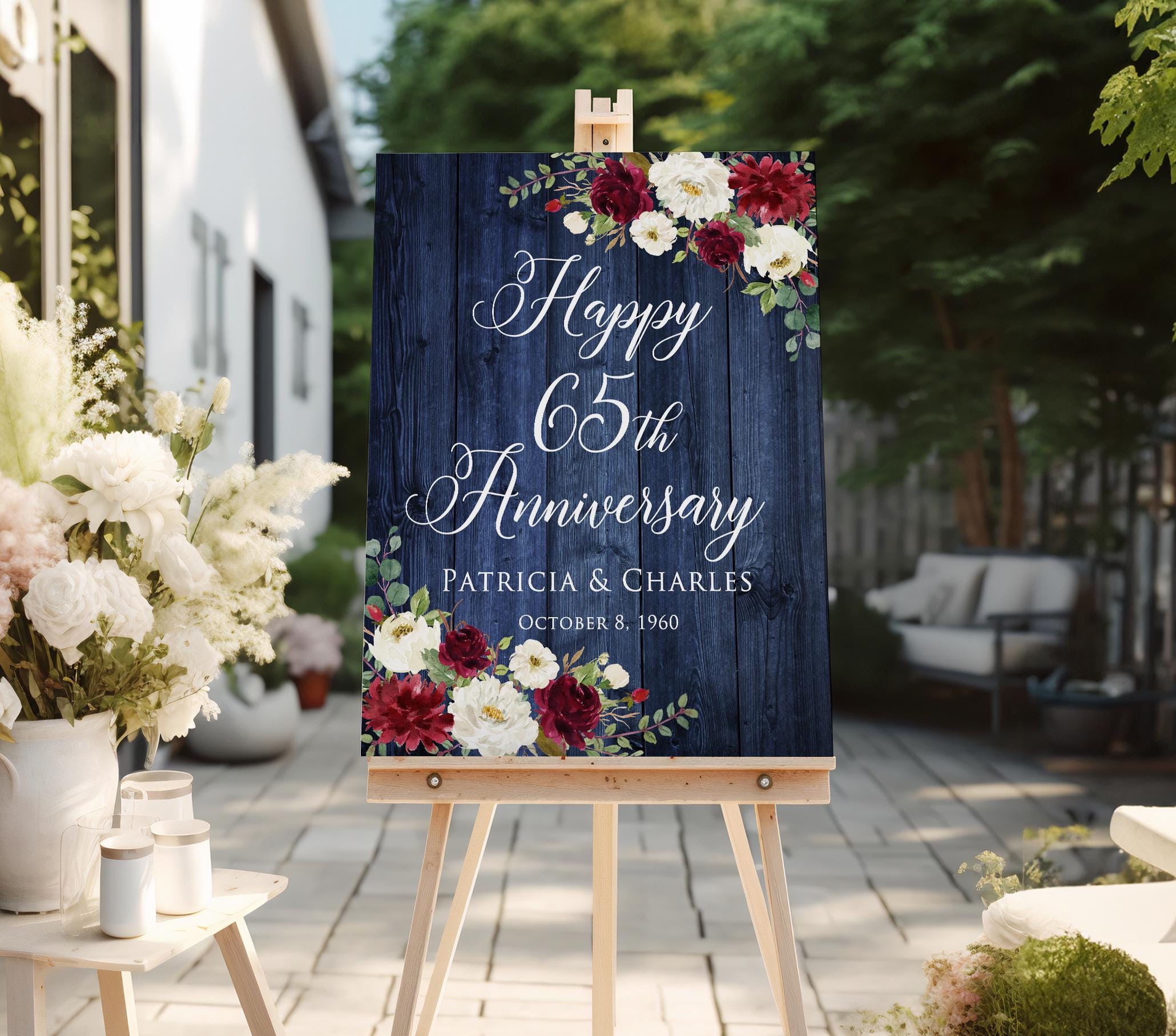65th Anniversary Welcome Sign, Rustic Navy Wedding Anniversary Sign ...