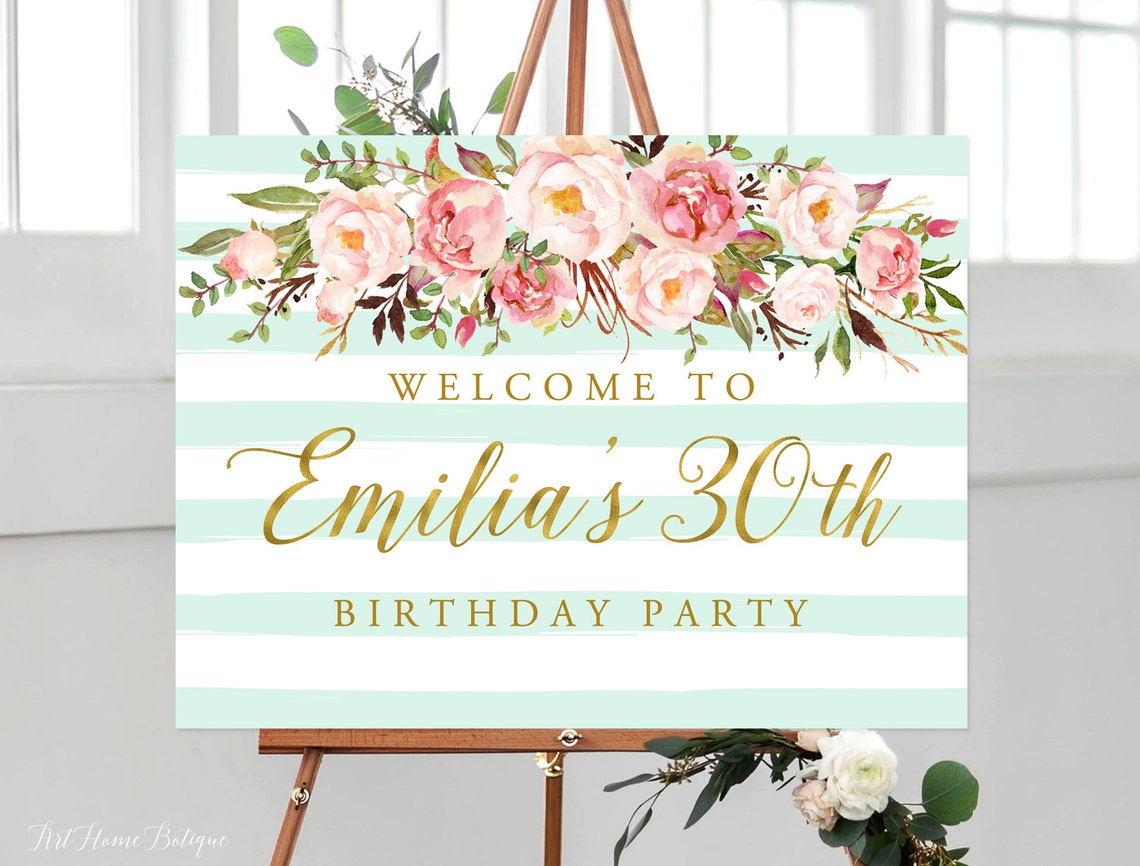 Birthday Welcome Sign Floral Birthday Welcome Sign Mint and | Etsy