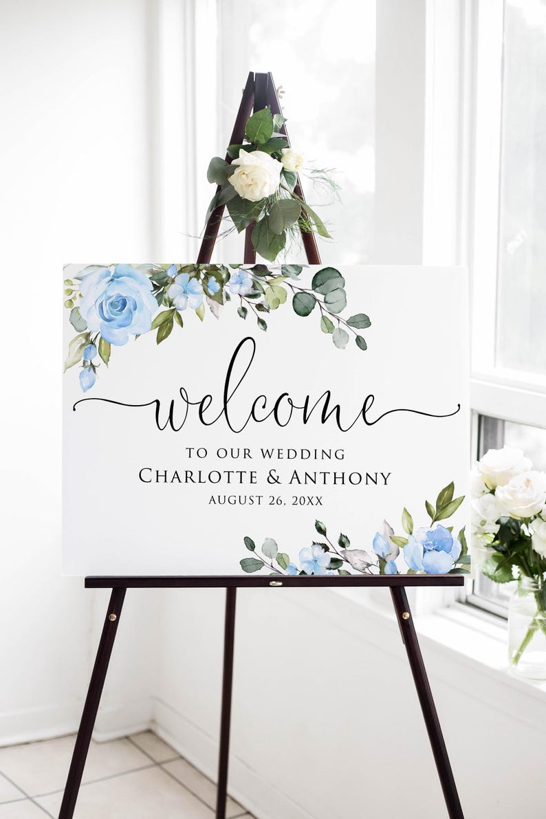 Printed or Digital Light Blue Floral Wedding Welcome Sign, W1411-1 - Etsy