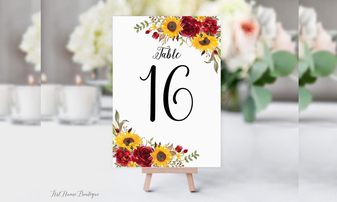 Sunflower Wedding Table Numbers, Yellow and Red Table Numbers, Birthday ...