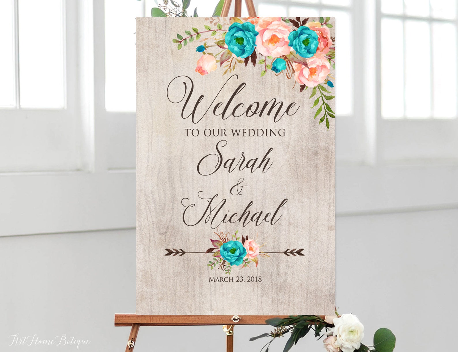 Rustic Welcome Wedding Sign Teal and Coral Wedding Welcome - Etsy