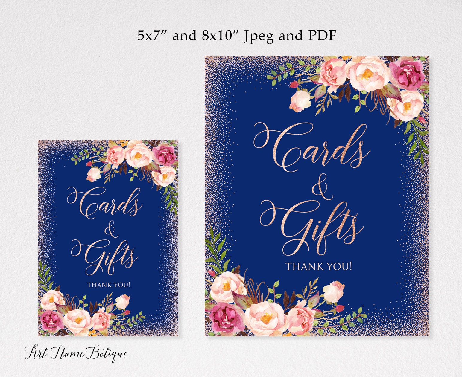 Navy Rose Gold Sign Floral Printable Sign Boho Cards and Gifts Sign ...