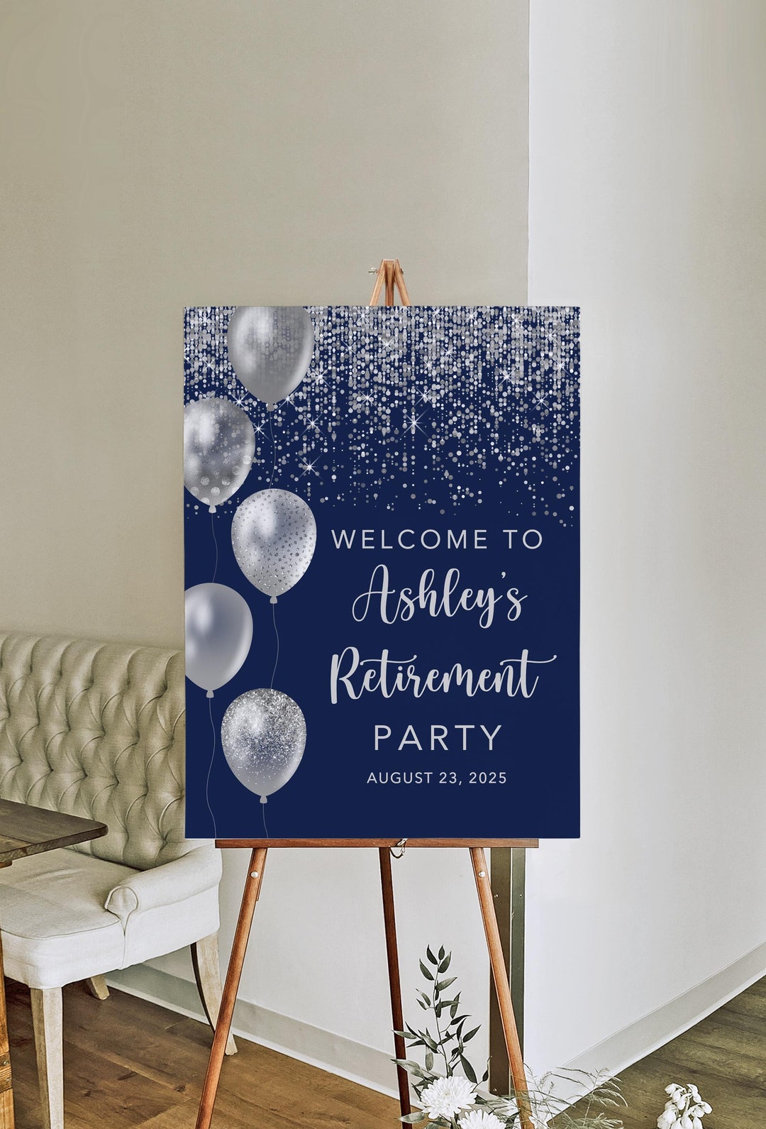 Navy Silver Retirement Welcome Sign, Balloons Retirement Party Welcome ...