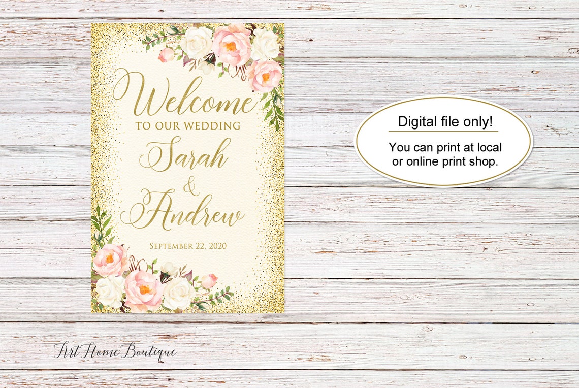 Ivory Gold Wedding Welcome Sign Floral Welcome Wedding - Etsy
