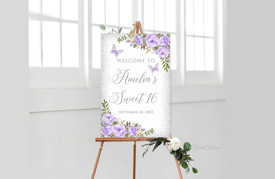 Purple Sweet 16 Welcome Sign Butterfly Birthday Purple Sweet - Etsy