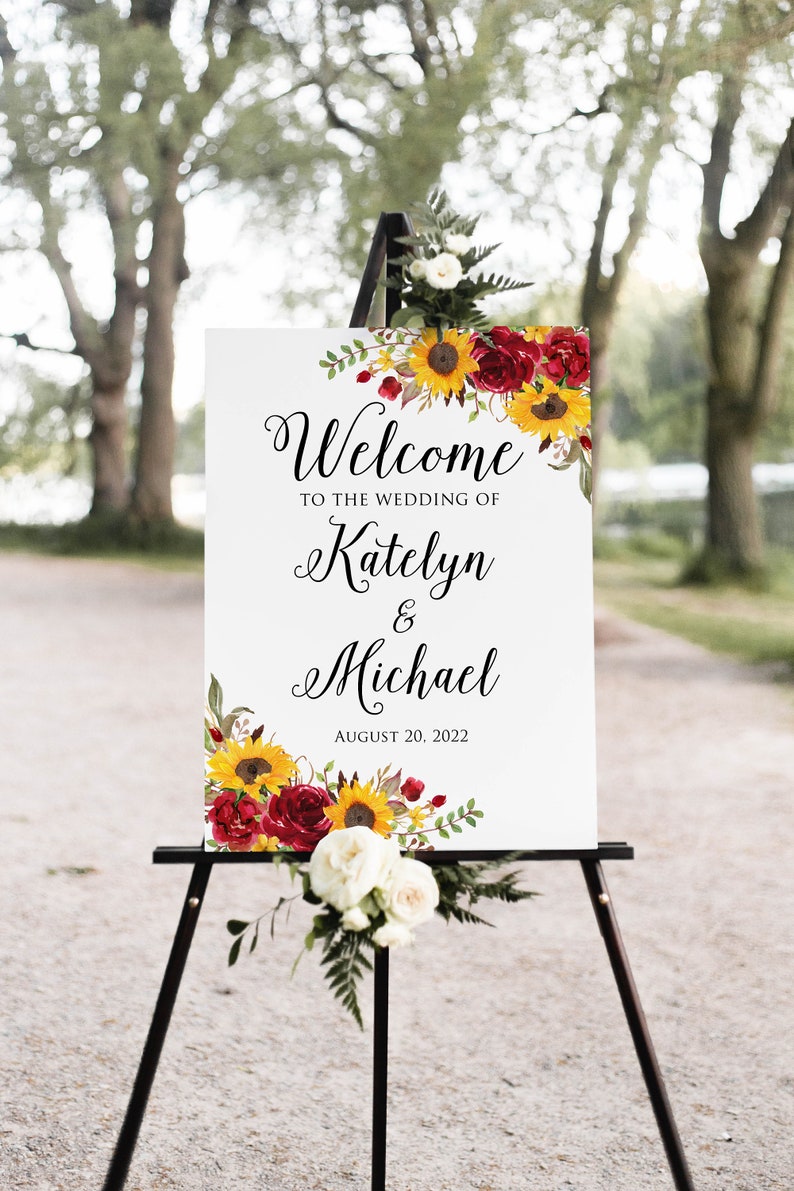 Sunflowers and Red Roses Wedding Welcome Sign Sunflower - Etsy