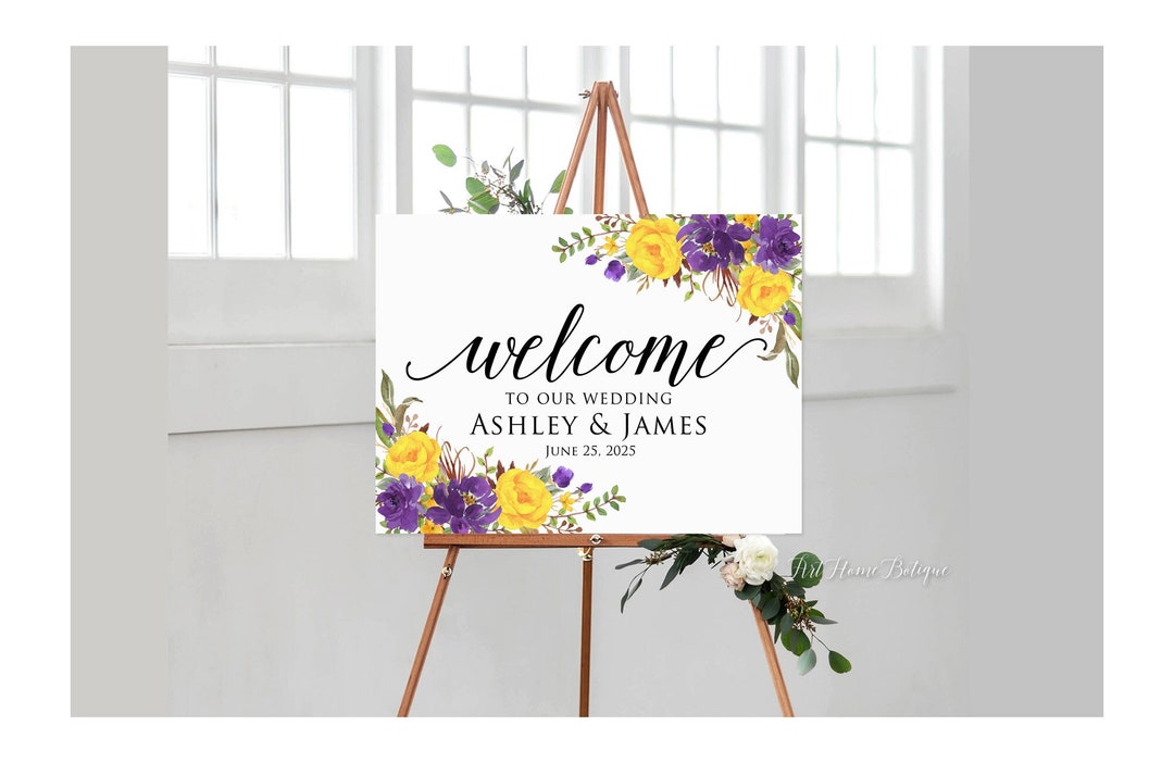 Yellow Purple Wedding Welcome Sign, Yellow Purple Welcome Sign, Yellow ...