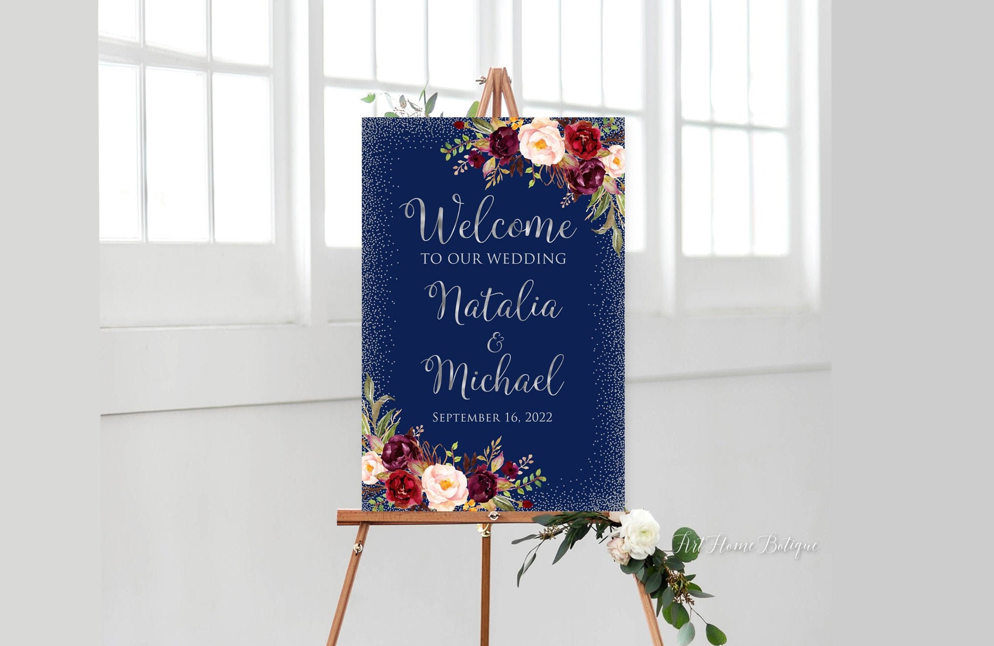 Navy Silver Wedding Welcome Sign, Navy Welcome Wedding Sign, Burgundy ...