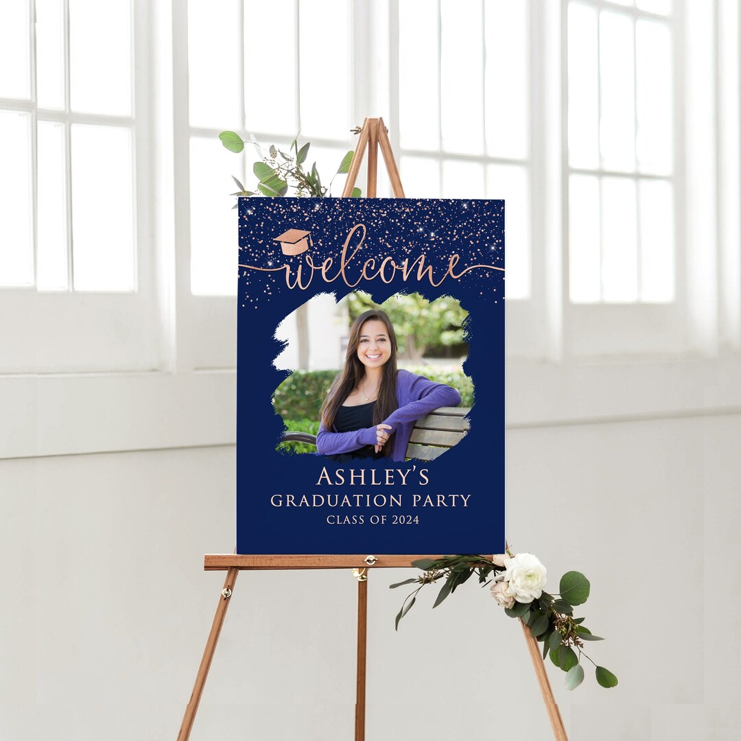 Navy Rose Gold Graduation Welcome Sign, Photo Graduation Party Welcome ...