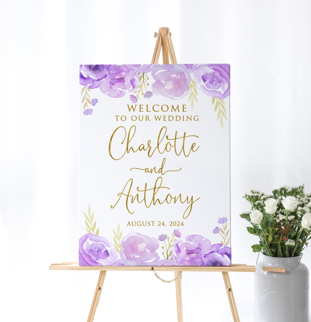 Purple Gold Wedding Welcome Sign, Lavender Wedding Sign, Purple Welcome ...