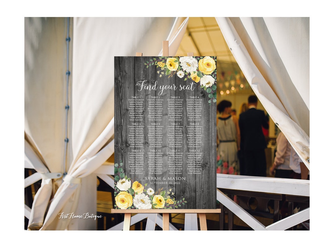 Yellow Gray Wedding Seating Chart, Find Your Seat, Rustic Wedding ...