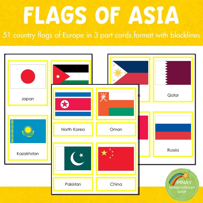 Montessori Asian Flags in 3 Part Cards and Blackline Masters - Etsy