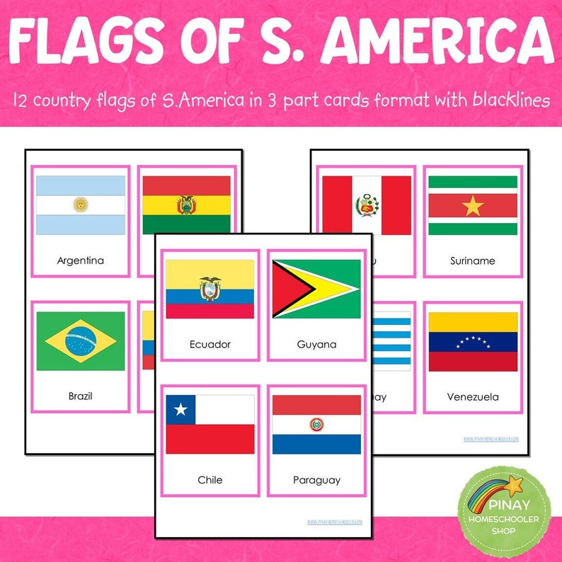 Montessori South American Flags in 3 Part Cards and Blackline - Etsy