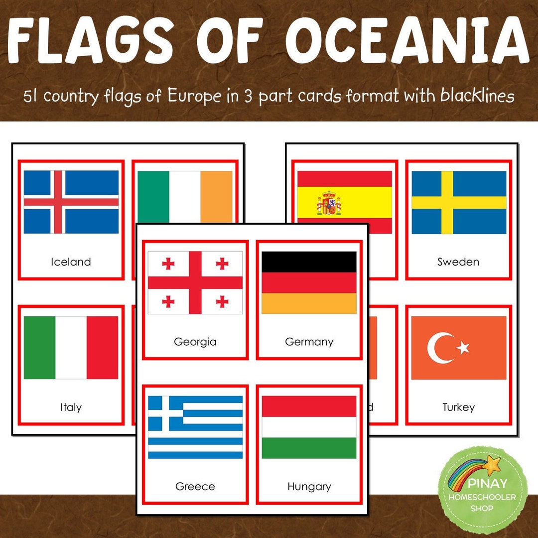 Banderas Montessori de Oceanía Australia en tarjetas de 3 partes y ...