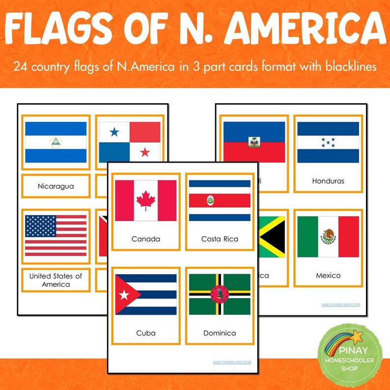 North American Flags Montessori 3 Part Cards - Etsy