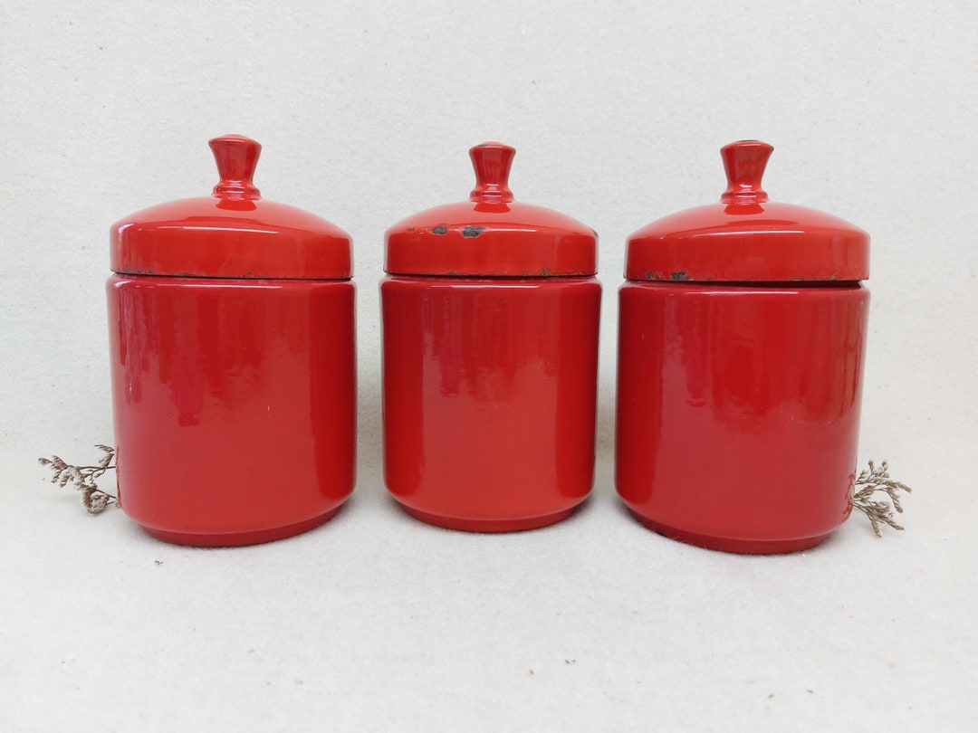 Set Enamel Storage Containers Red Chipped Vintage Old - Etsy