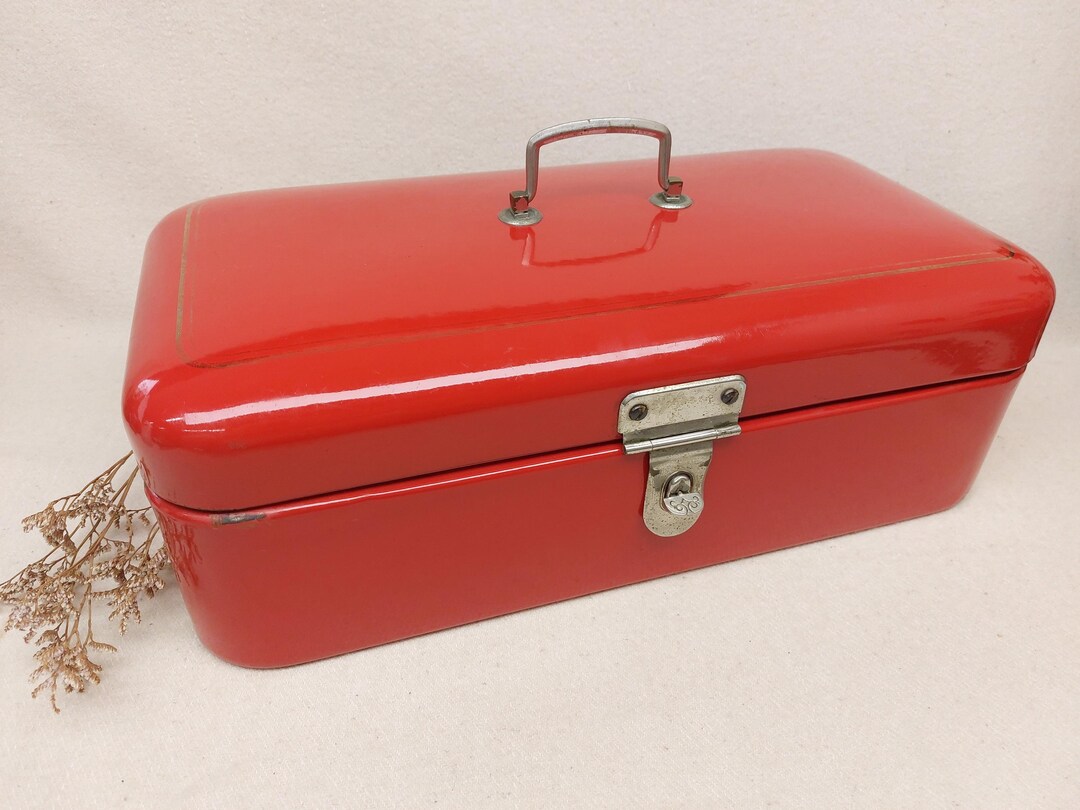 Large Vintage Red Enamel Bread Box Gold Trim Metal Lock White Enamel ...