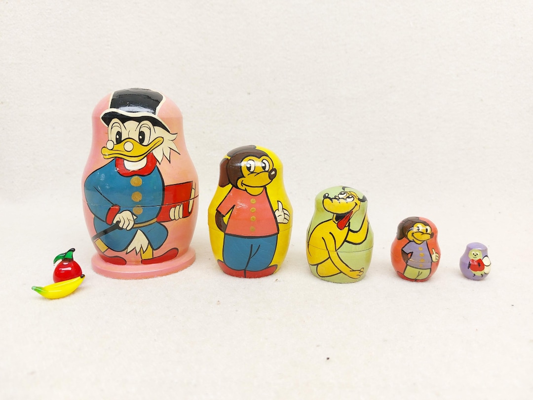 Wooden Matryoshka Russian Doll Set Vintage Hand Painted Disney Figures ...