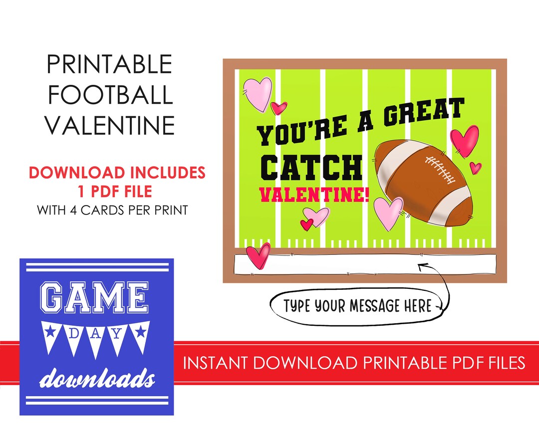 PRINTABLE Football Valentine Tag Card Sport Touchdown Game Catch Foot ...