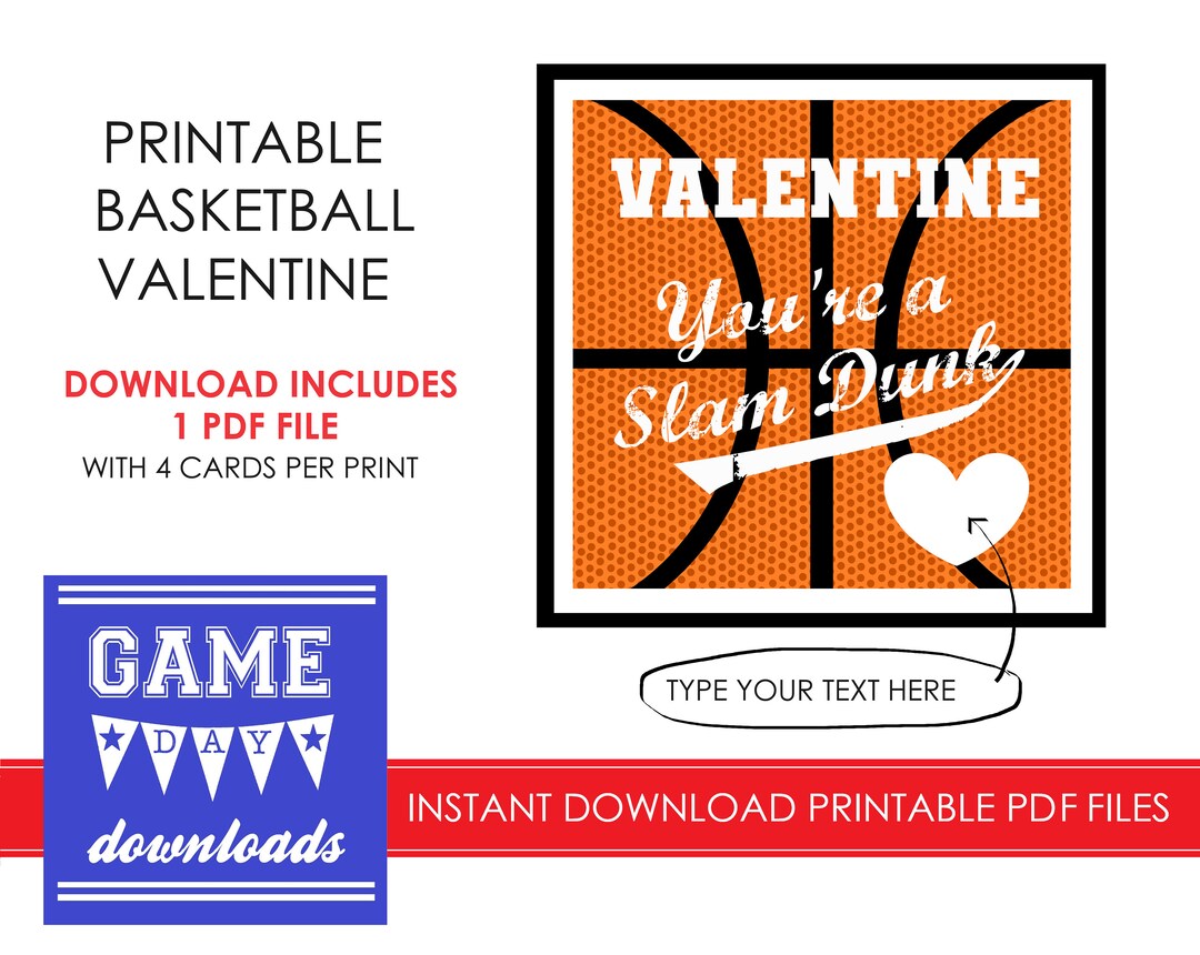 PRINTABLE Basketball Valentine Card Tag Instant Download Sports Team ...