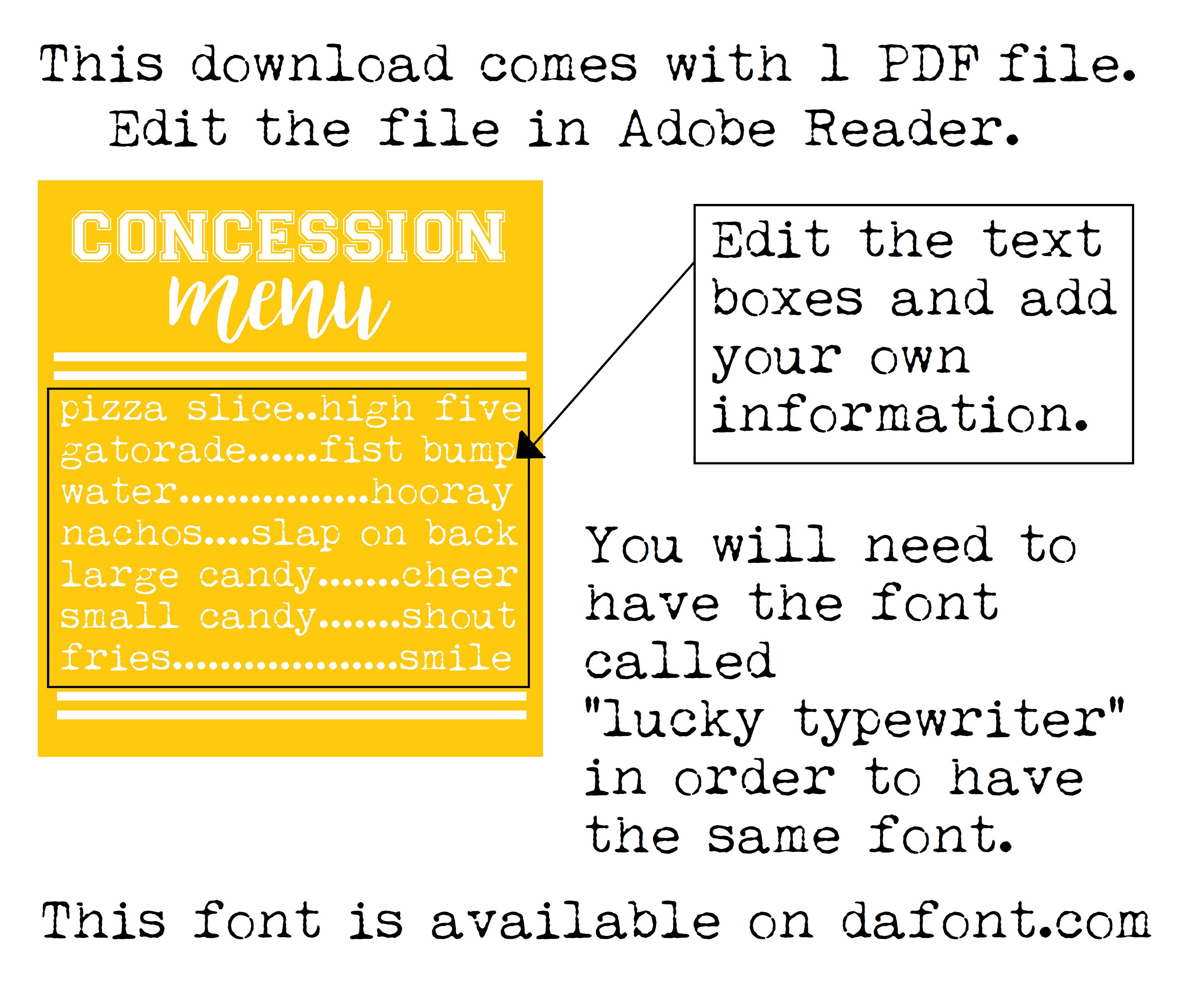 DIGITAL Concessions Menu EDITABLE Sports Party Tailgate Instant ...