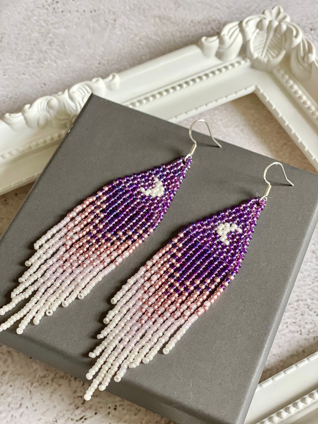 Moon Beaded Earrings Handmade Earrings Handwoven Purple and - Etsy