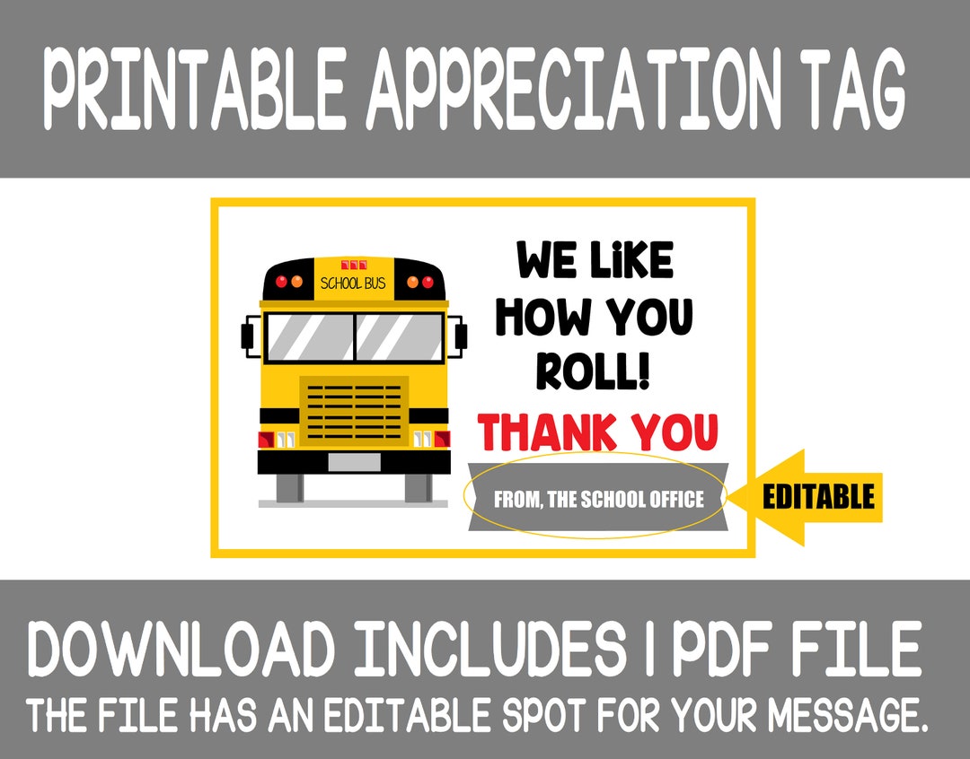 Printable DIGITAL School Bus Appreciation Tag We Like How You Roll ...