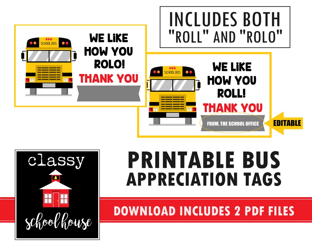 Printable DIGITAL School Bus Appreciation Tag We Like How You Roll Rolo ...