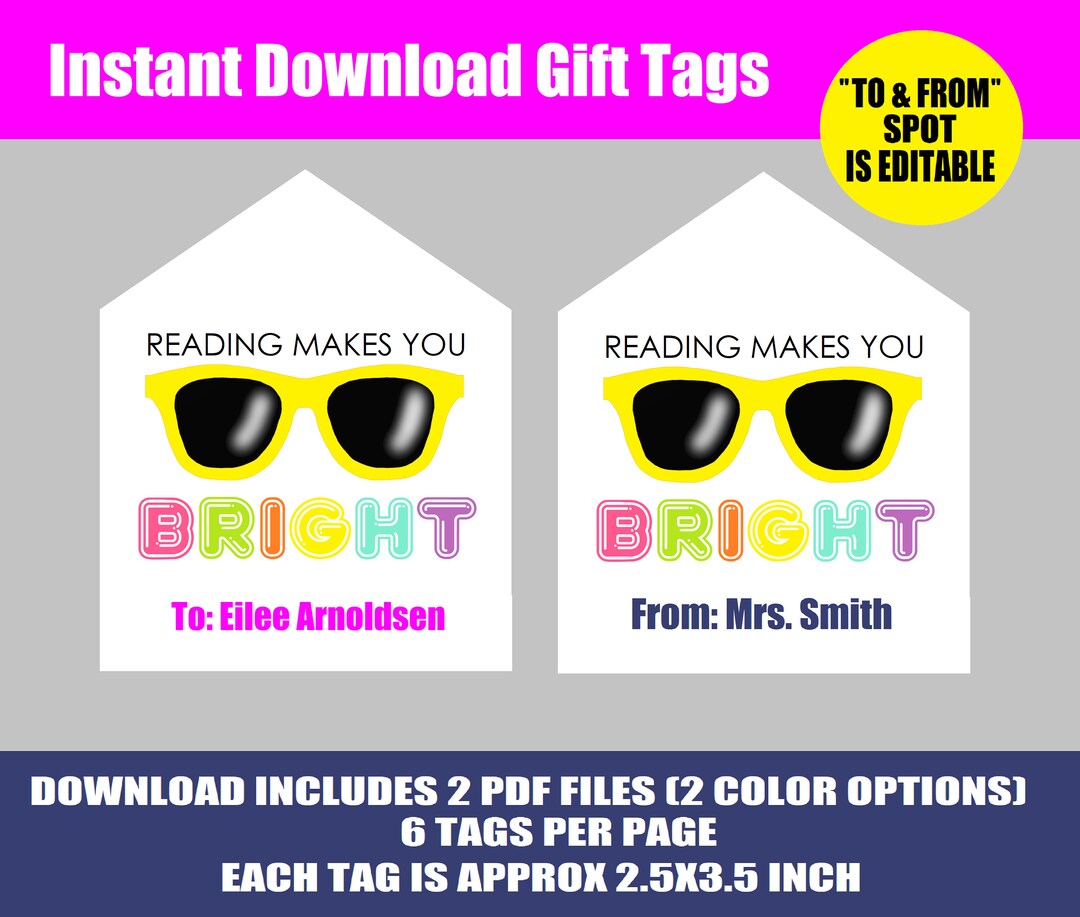 INSTANT DOWNLOAD Reading Makes You Bright Gift Tag Bookmark Cute ...