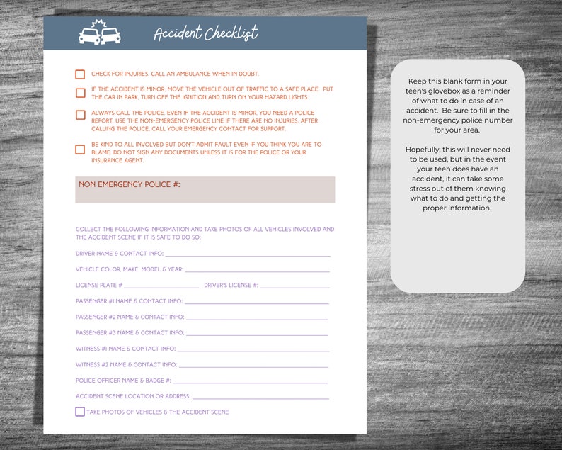 Teen Driver Safety Kit - Printable Glove Box Forms for Emergency Info ...