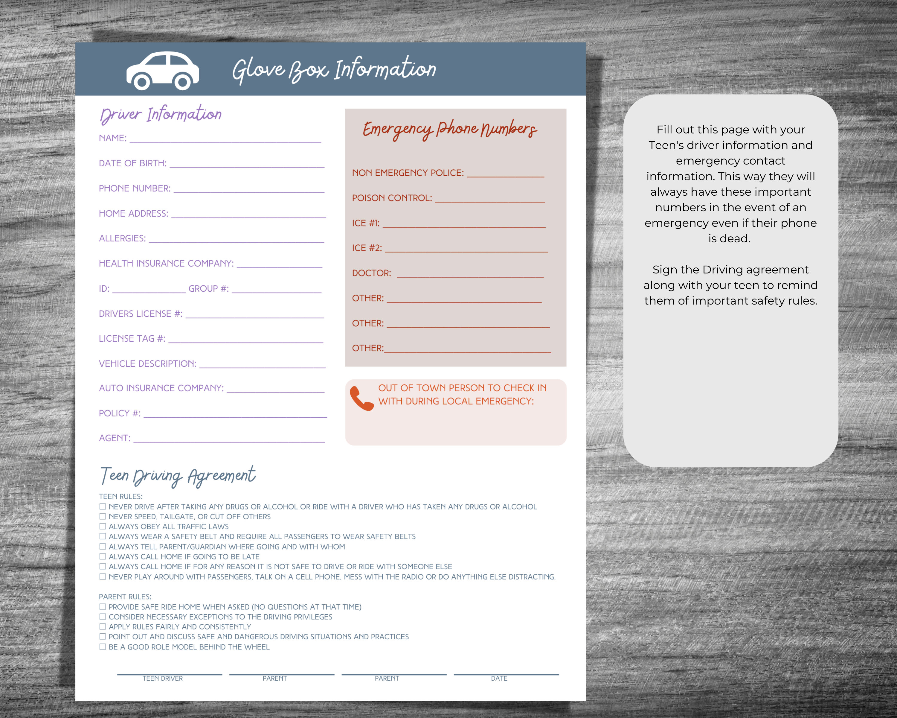 Teen Driver Safety Kit - Printable Glove Box Forms for Emergency Info ...