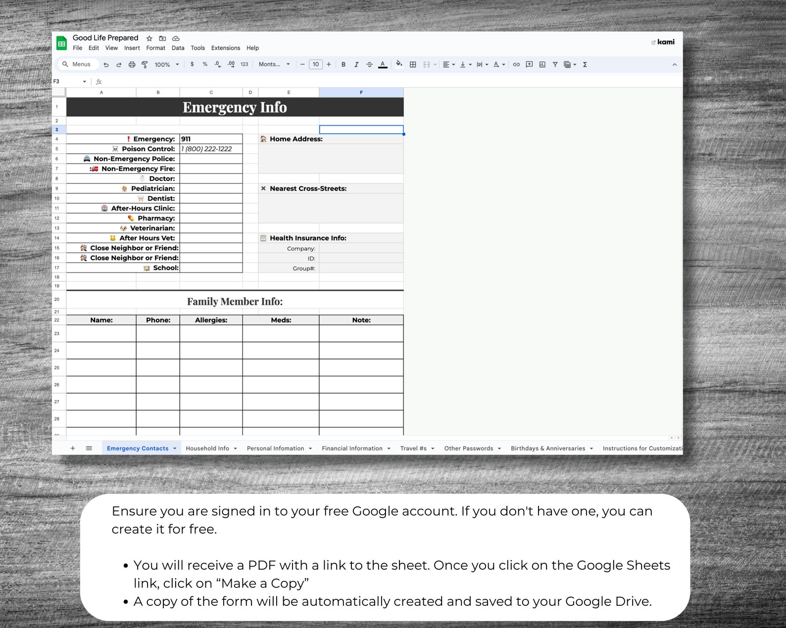 Family & Household Information Template | Google Sheets Digital ...