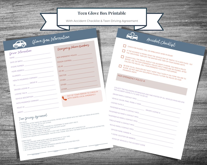 Teen Driver Safety Kit - Printable Glove Box Forms for Emergency Info ...
