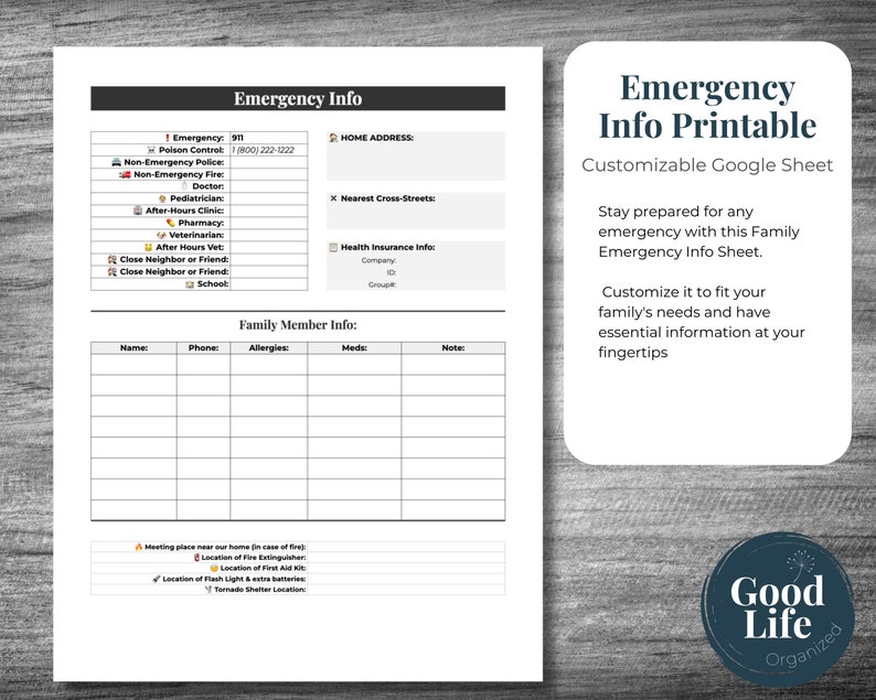 Emergency Info Sheet - Printable Family Safety and Preparedness ...
