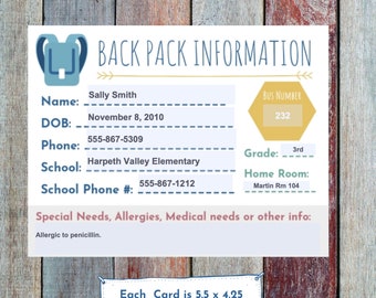 Backpack Tag - Child Identification Card - Allergy Tag - Child Safety ...