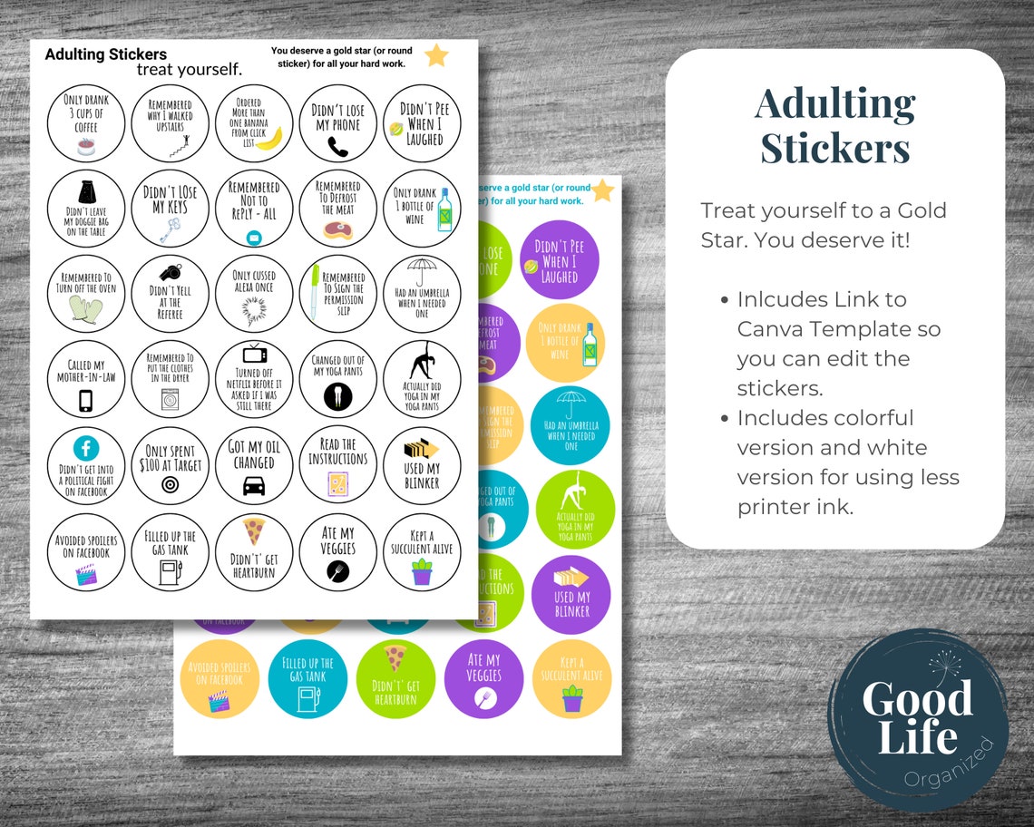 Adulting Stickers Digital Download Printable & Canva Template - Planner ...