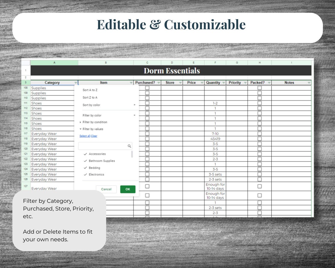 Dorm Essentials Checklist / Shopping List – Editable Google Sheets for ...