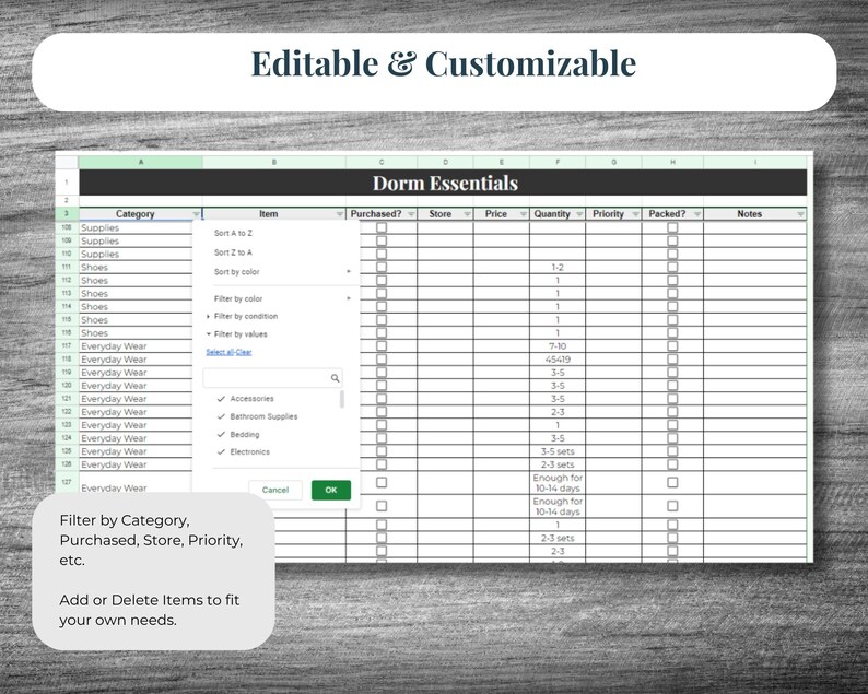 Dorm Essentials Checklist / Shopping List – Editable Google Sheets for ...