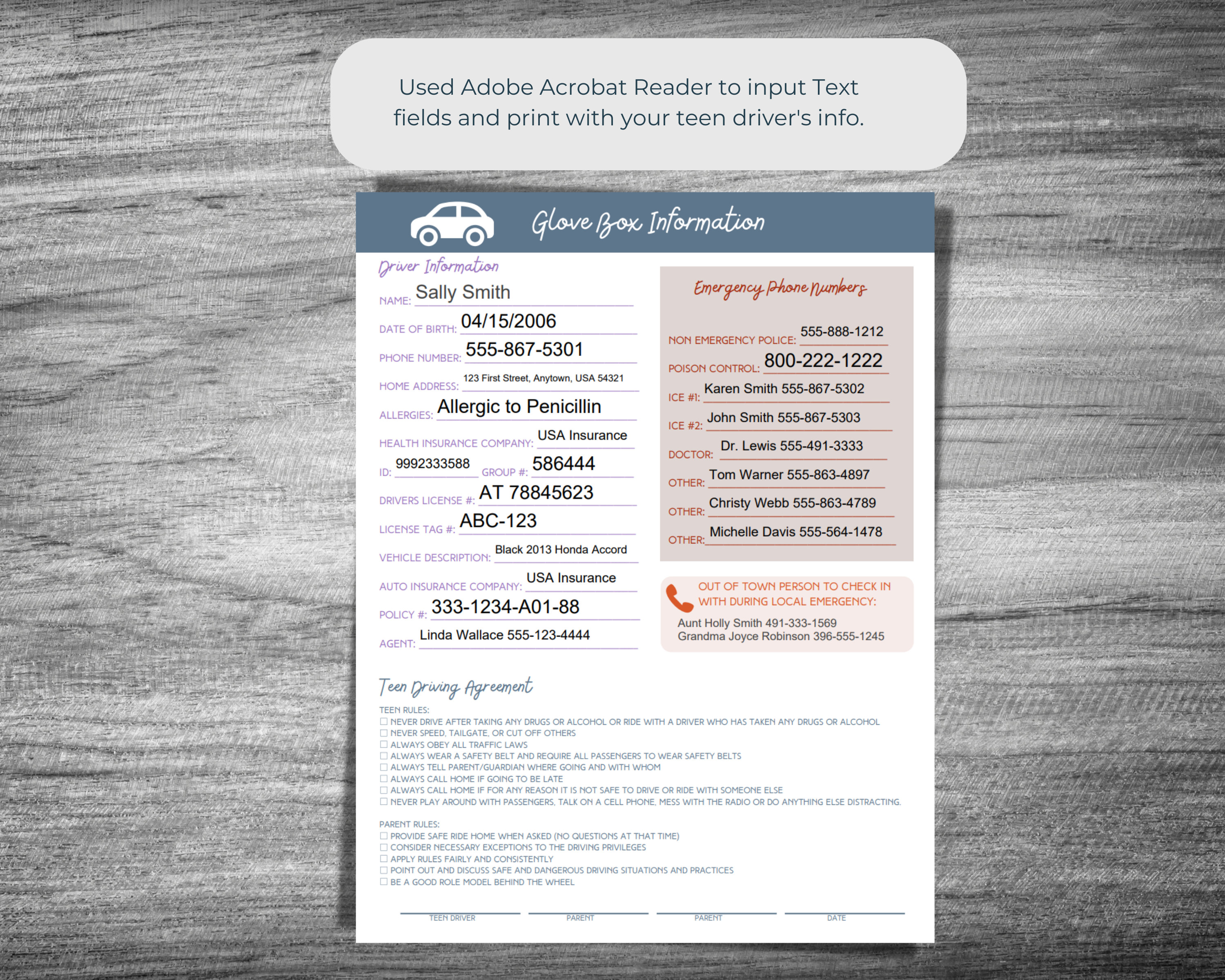 Teen Driver Safety Kit - Printable Glove Box Forms for Emergency Info ...