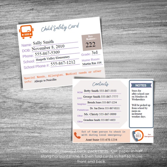 Backpack Tag Child Identification Card Allergy Tag Child - Etsy