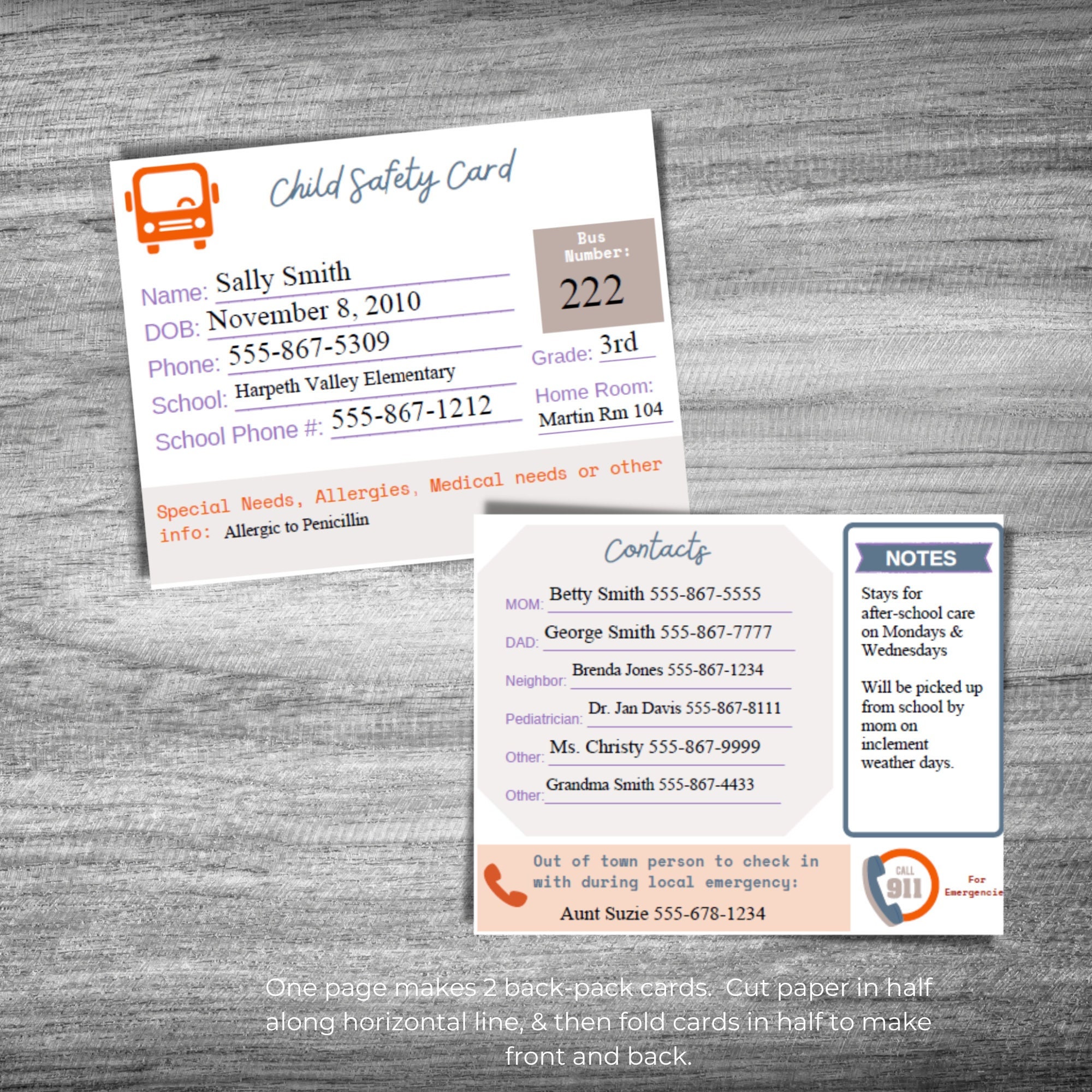 Backpack Tag - Child Identification Card - Allergy Tag - Child Safety ...