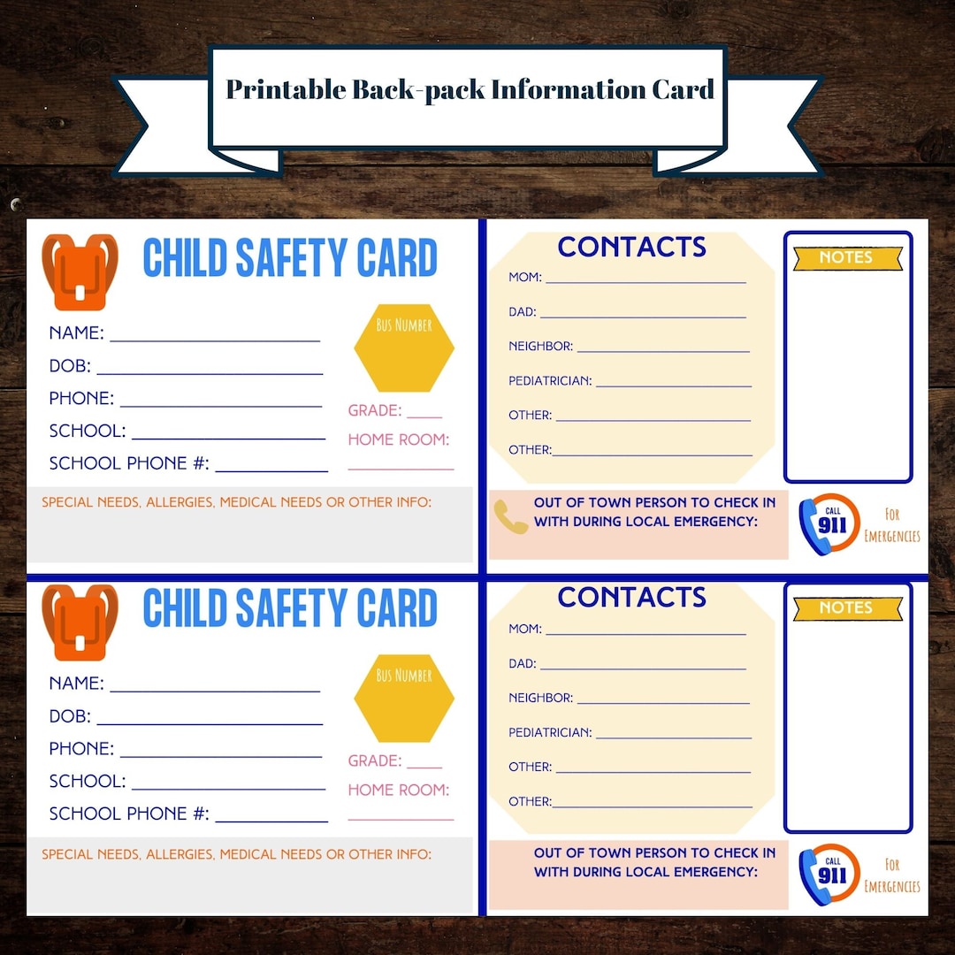 Backpack Tag - Child Identification Card - Allergy Tag - Child Safety ...