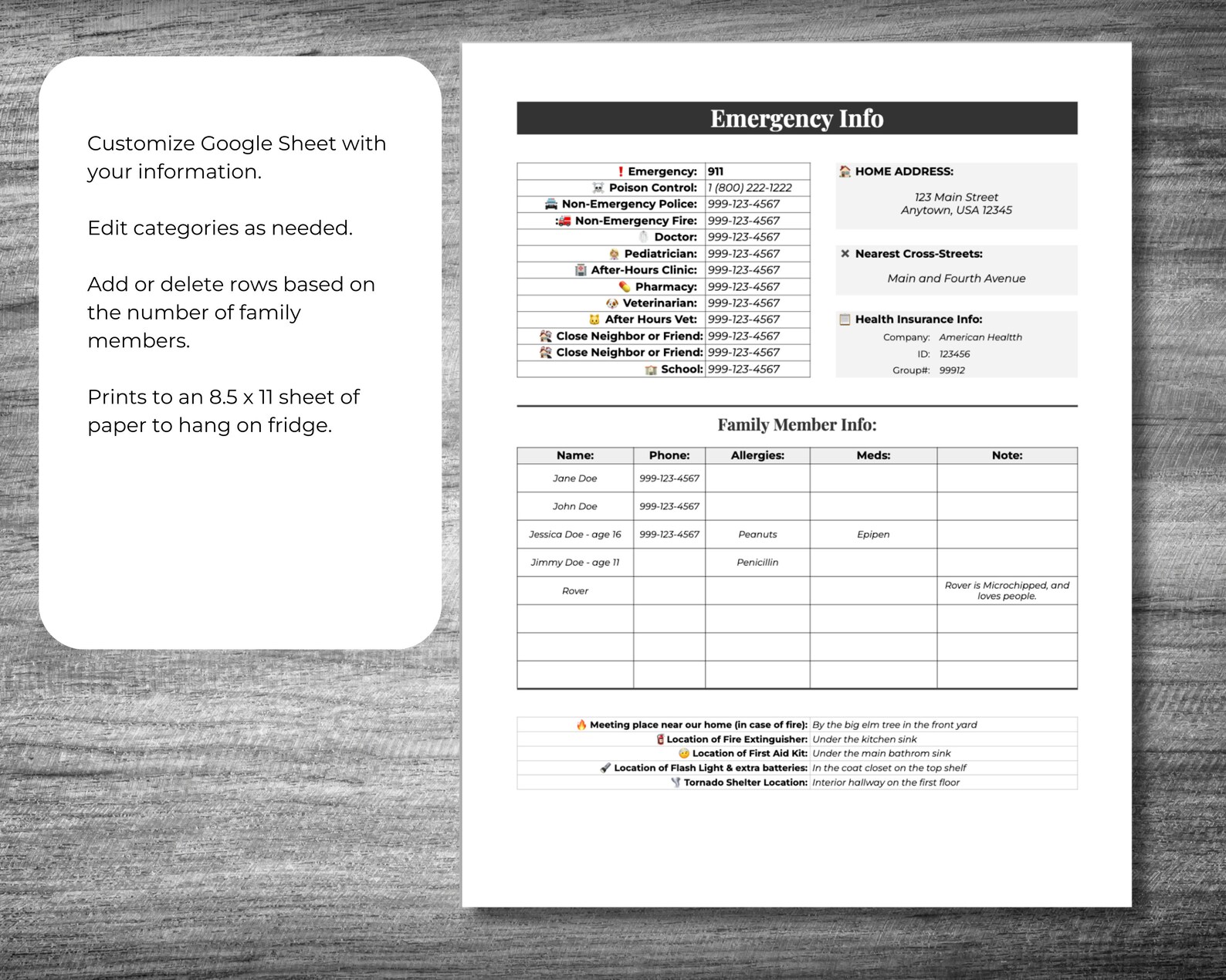 Emergency Info Sheet - Printable Family Safety and Preparedness ...