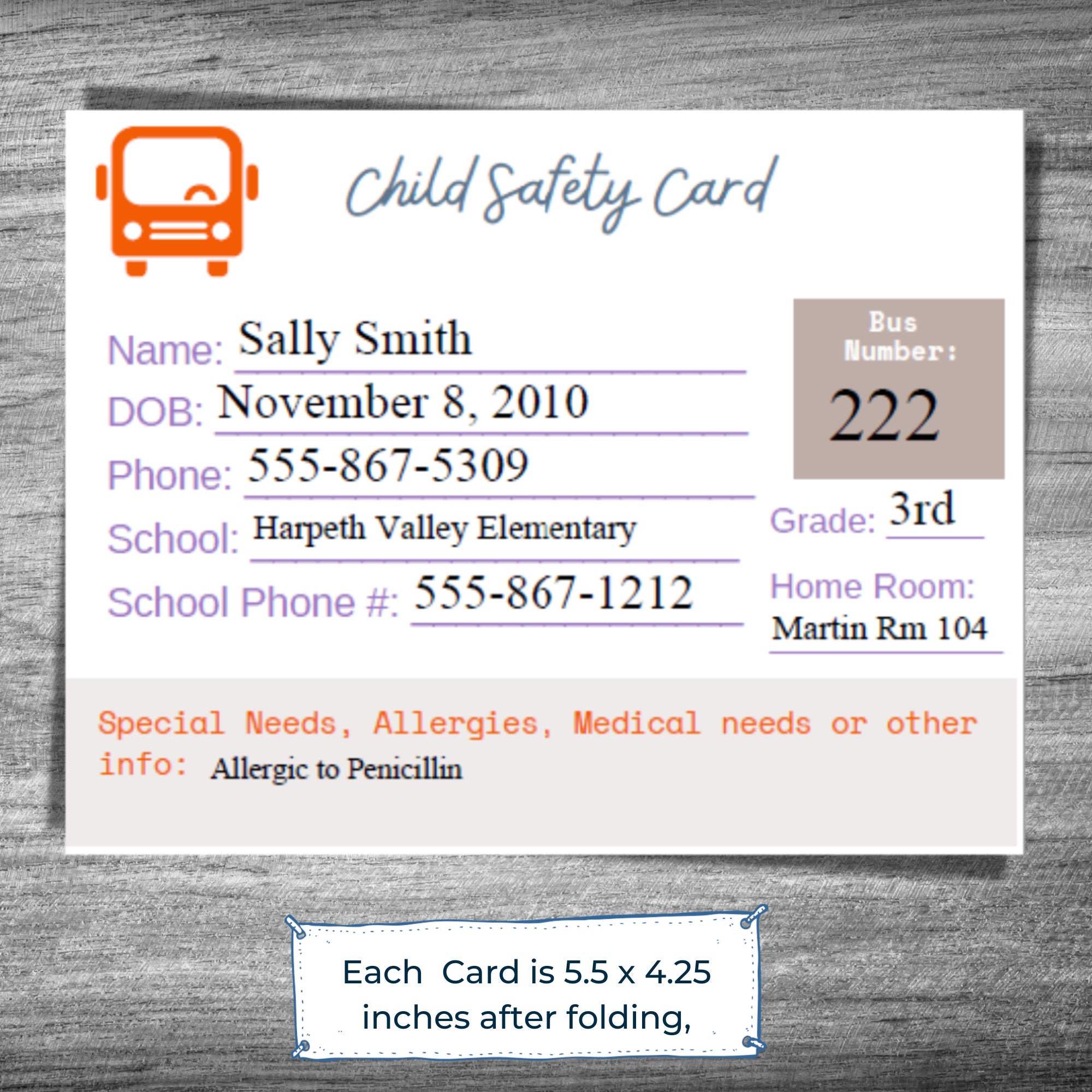 Backpack Tag - Child Identification Card - Allergy Tag - Child Safety ...