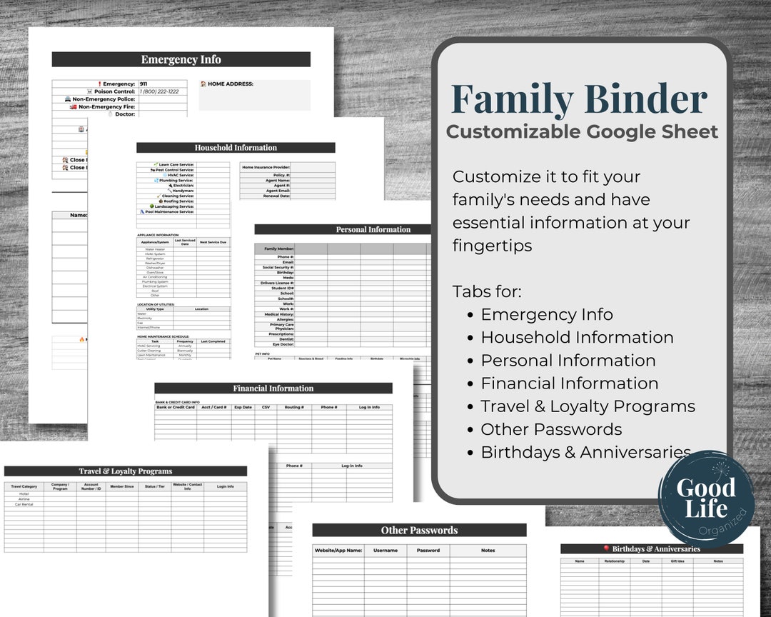 Family & Household Information Template | Google Sheets Digital ...