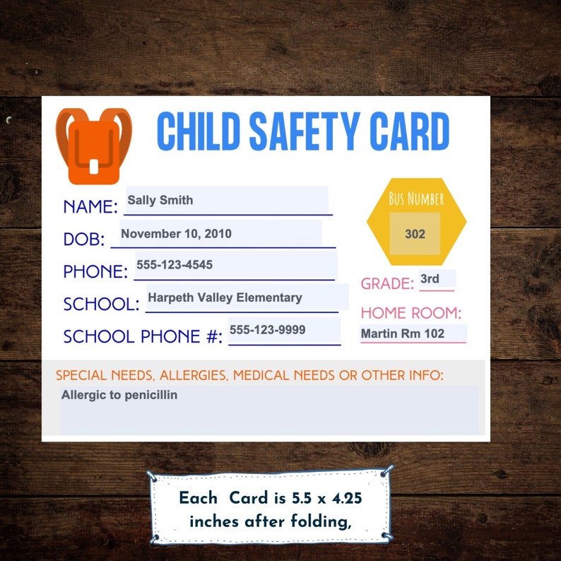 Backpack Tag - Child Identification Card - Allergy Tag - Child Safety ...