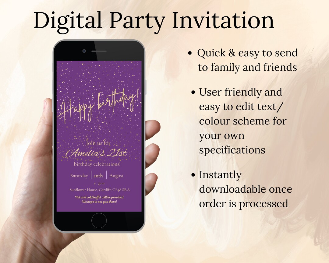 Purple Glitter Happy Birthday Digital Invitation | Digital Invitation ...