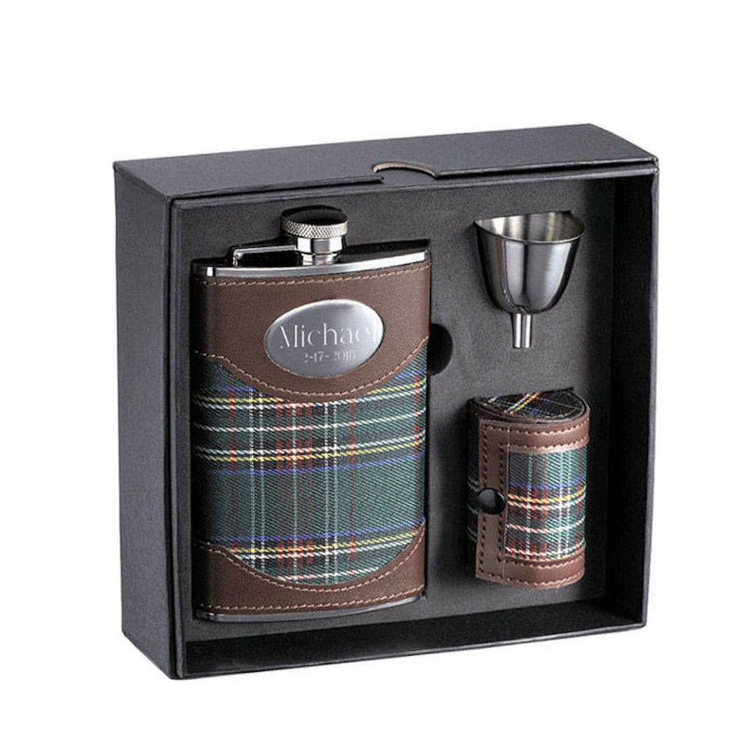 Personalized Flask for Men, 8oz Stainless Steel Plaid and Leather Flask ...